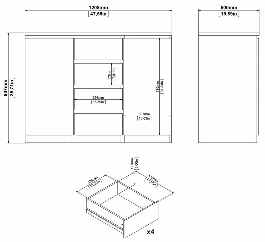 Komoda Simplicity 121 x 50 x 91 cm, šedá / bílý lesk