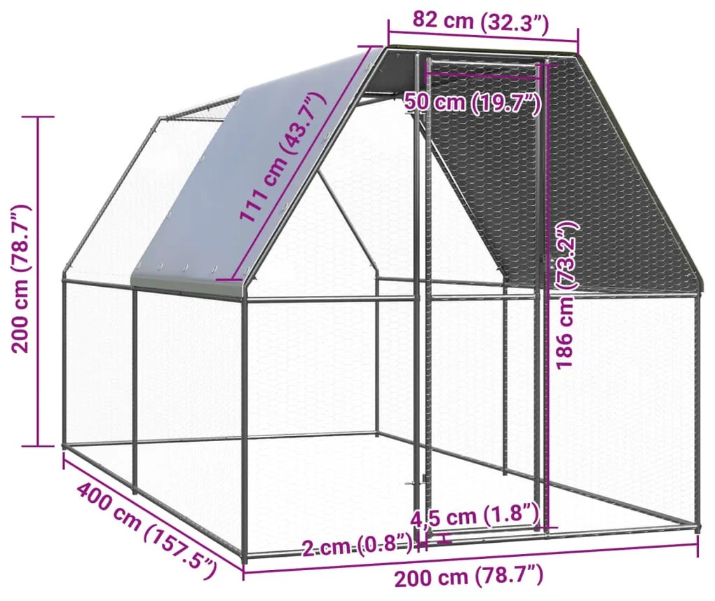 vidaXL Marketos Venkovní klec pro kuřata 2 x 4 x 2 m pozinkovaná ocel