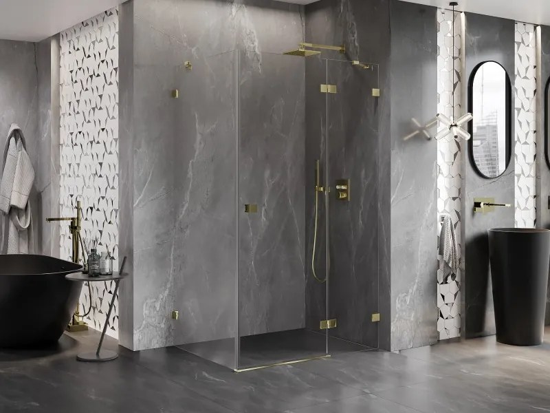 Mexen Lunar, pravostranný výklopný sprchový kout 75 x 70 cm, 8mm čiré sklo, zlatý profil, 834-075-070-50-00-P