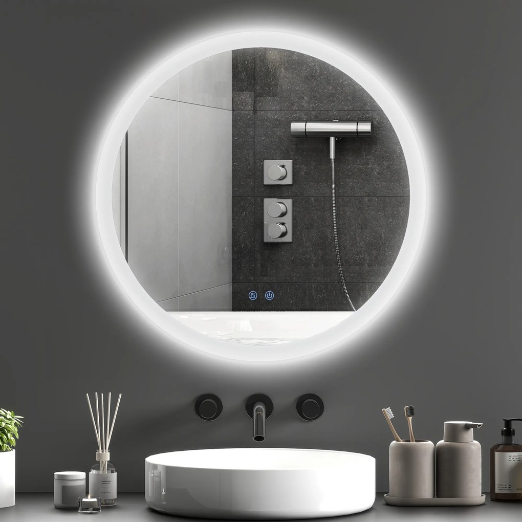 kleankin LED koupelnové zrcadlo, nastavitelná jasnost, odmlžování, dotyk, IP44, kov/sklo, Ø60 cm, bílá/stříbrná