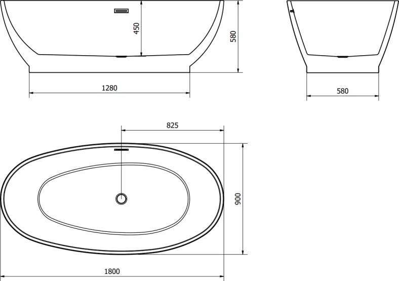 Mexen Bilbao, volně stojící vana 180 x 90 cm, bílá-černá, chromový přepad, 51311809075-01