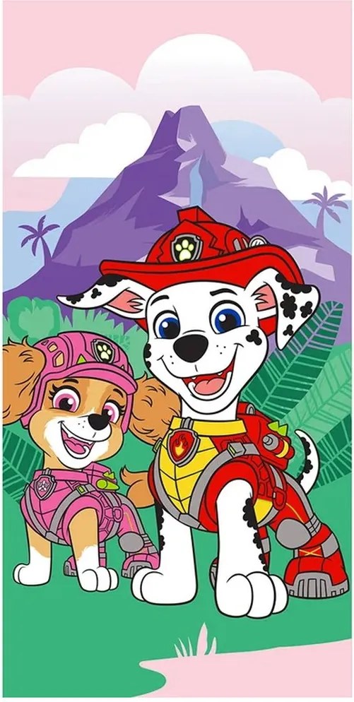 Bavlněná plážová osuška Tlapková patrola – Paw Patrol - motiv Pod dinosauří skálou - 100% bavlna - 70x90 cm