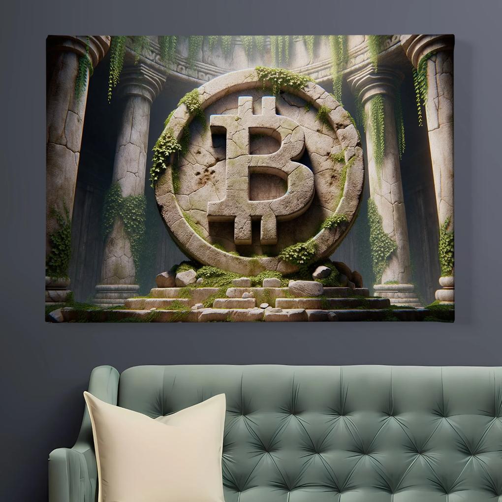 Obraz na plátně - Bitcoin, kamenné logo v opuštěném chrámu FeelHappy.cz Velikost obrazu: 150 x 100 cm