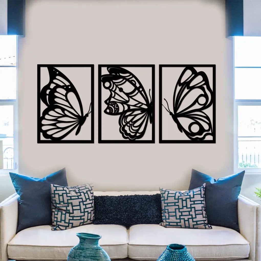 3dílný dřevěný obraz MOTÝLŮ Barevný vzor: Černá, Rozměry (cm): 60x28