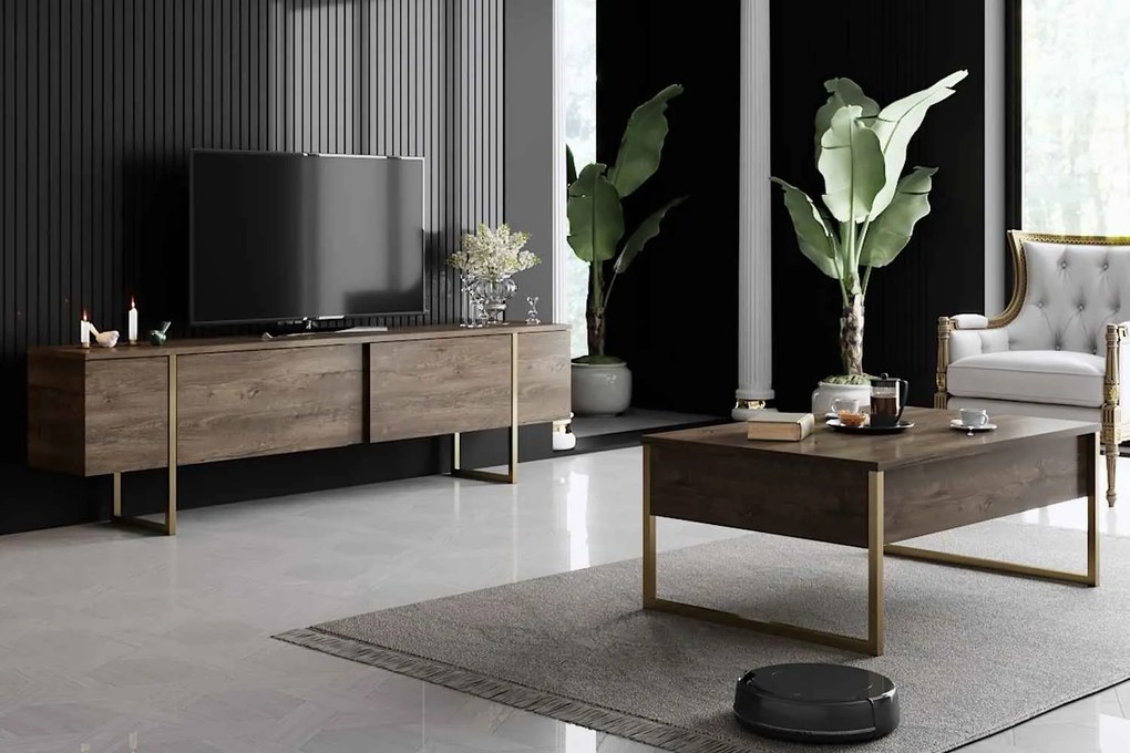 Designový konferenční stolek Hallan 90 cm ořech/zlatý