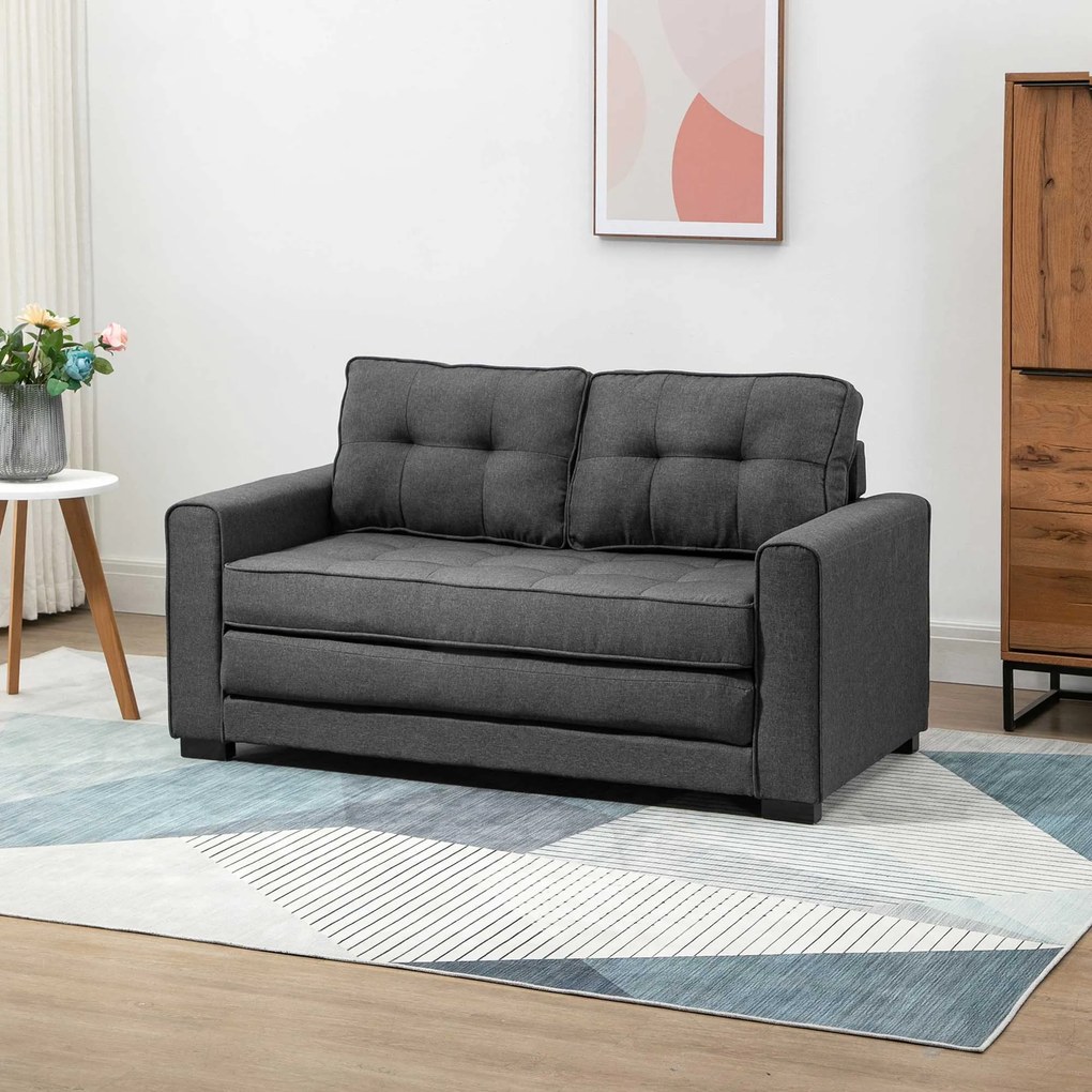 HOMCOM Rozkládací pohovka 2místná, rozkládací pohovka s funkcí spaní, lněný dotek, kaučukové dřevo, šedá, 147.5x75x85cm| Aosom