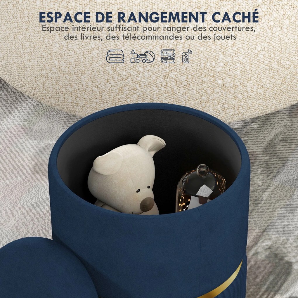 HOMCOM Pouf, taburet, úložný box, ve velurové tkanině, moderní design, 36 x 44 cm, do obývacího pokoje, ložnice, modrý