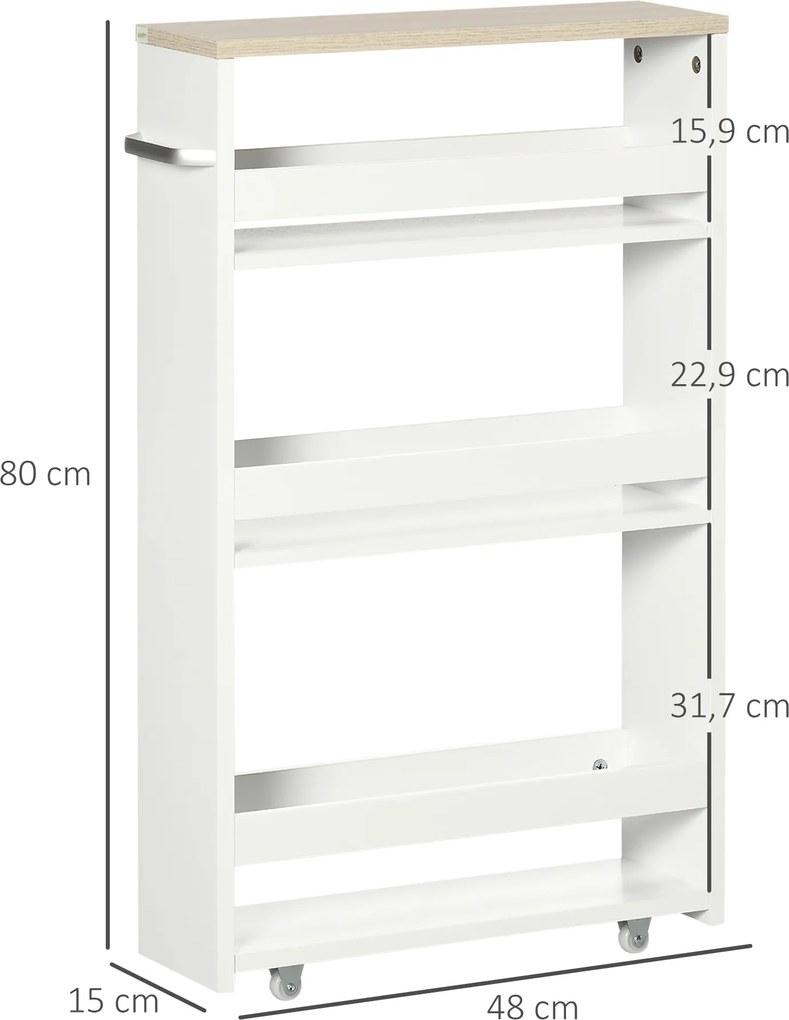 Kleankin 3-patrový úzký koupelnový regál se bočním madlem a kolečky pro kuchyň a obývací pokoj, moderní styl 48x15x80 cm Bílý