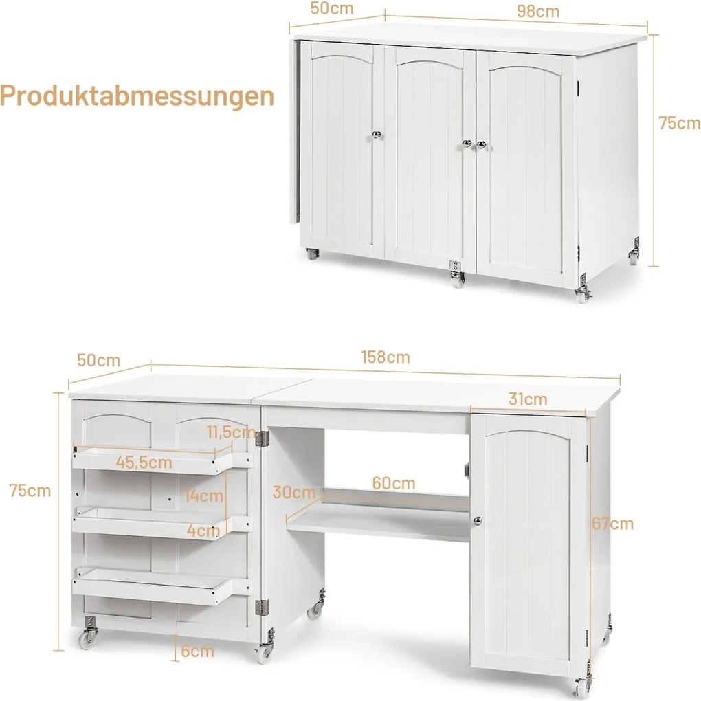 Costway Skládací šicí stůl Šicí skříň všestranný – 158 × 50 × 75 cm