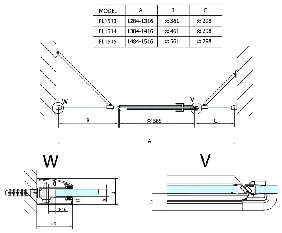 Polysan FORTIS LINE sprchové dveře do niky trojdílné 1300mm, čiré sklo, levé FL1513L