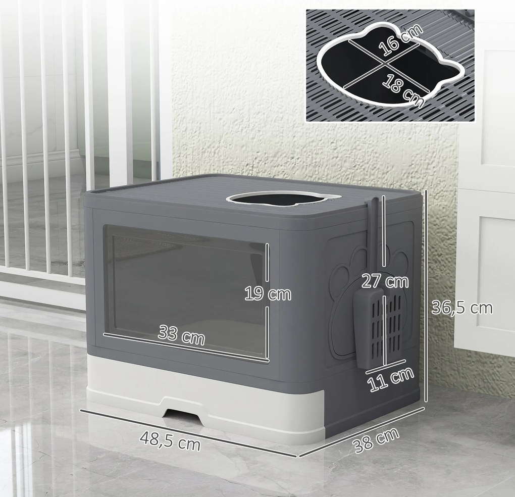 Podestýlka PawHut s víkem a lopatkou Podestýlka do 4 kg, vnitřní, plast, šedá, 48,5x38x36,5 cm| Aosom