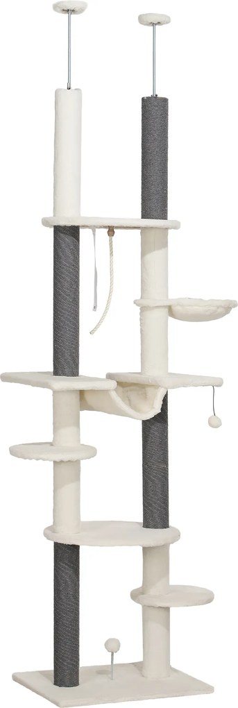 PawHut škrabadlo stropní vysoké, strom pro kočky, 225-255 cm škrabadlo pro kočky s houpacími sítěmi, škrabadla, košík, hrací míč, nábytek pro kočky s…