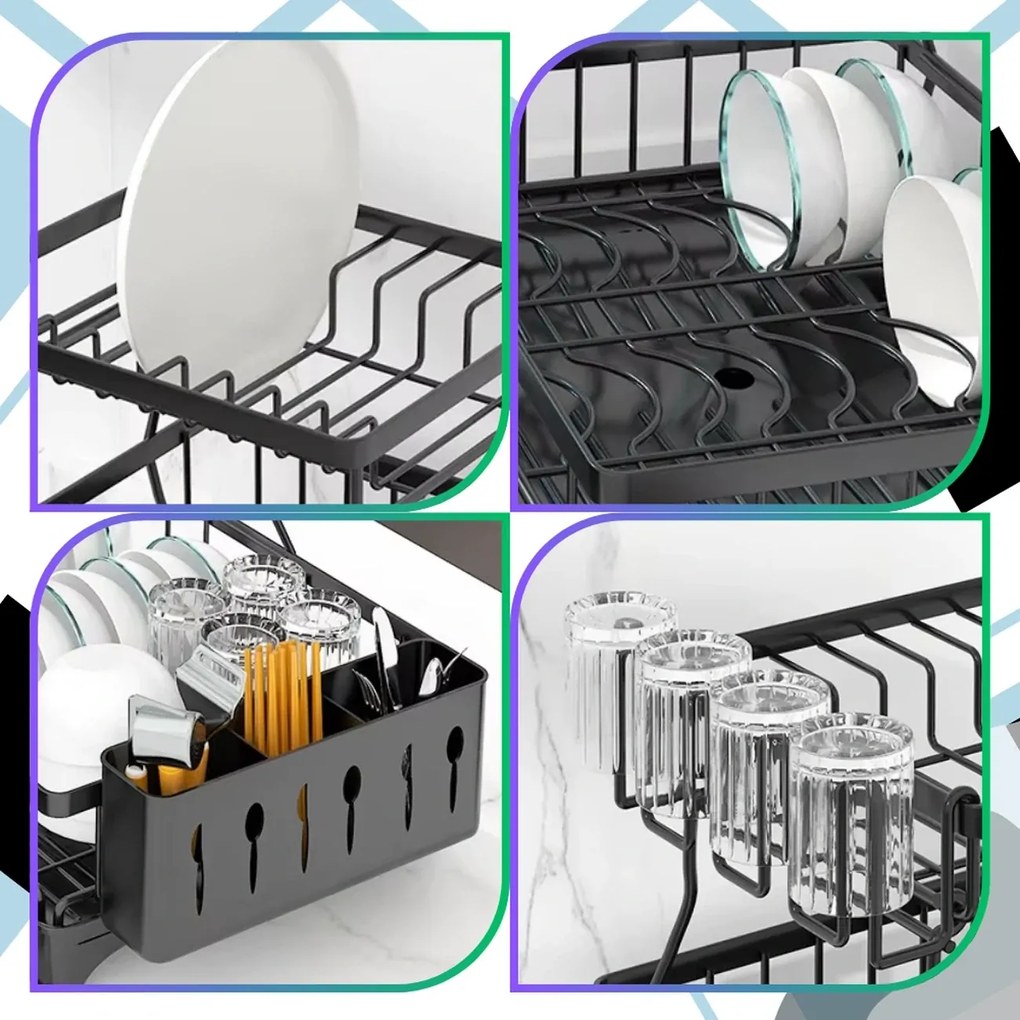 Camerazar Dvoupatrový odkapávač na nádobí, kuchyňský organizér 44 cm