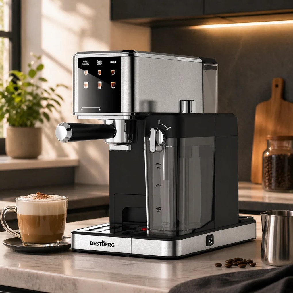 Pákový espresso kávovar s napěňovačem mléka BestBerg BBCF-2032 / 1350 W / 1,2 l / 20 bar / stříbrná/černá
