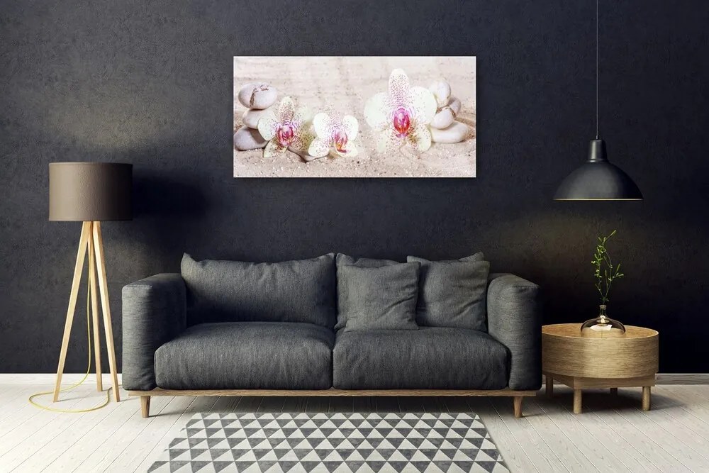 Obraz na skle Orchidej Kameny Zen Písek 125x50 cm