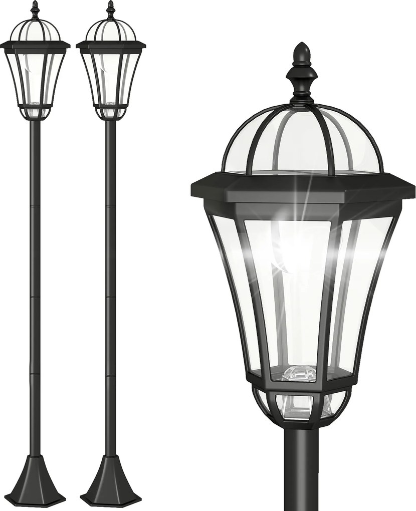 Outsunny 2-st solární pouliční světlo LED, IP44, ABS, Ø18,5 x H129 cm, úsporný režim, vodotěsné, zahradní světlo s nerezovou ocelí, černé | Aosom