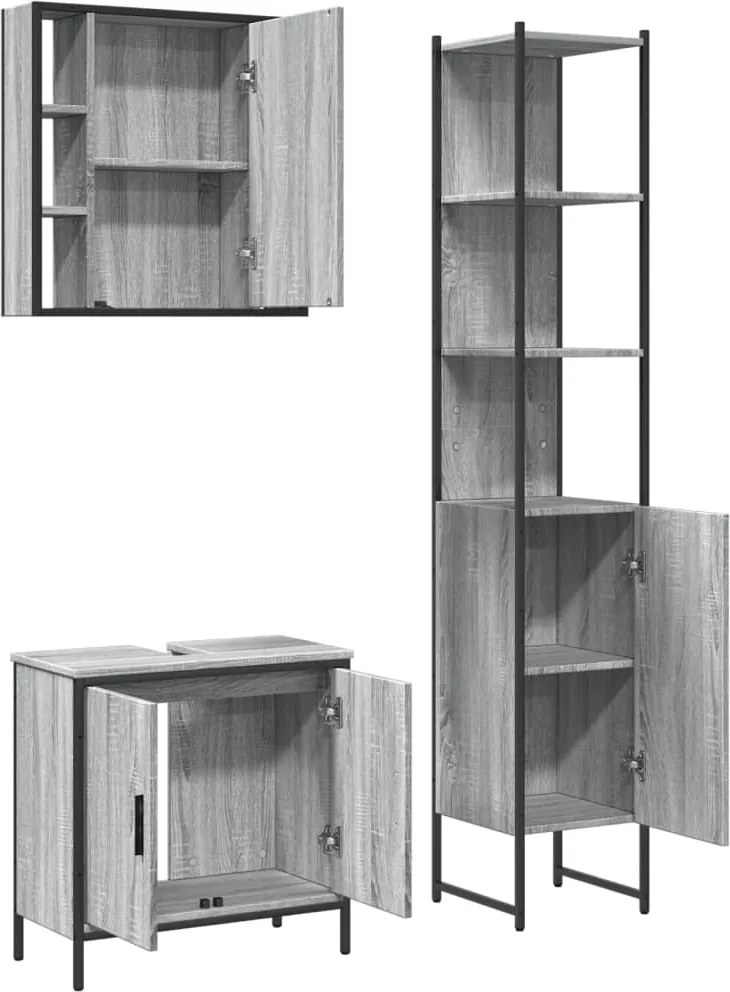 3dílný set koupelnových skříněk šedý sonoma kompozitní dřevo 3214743