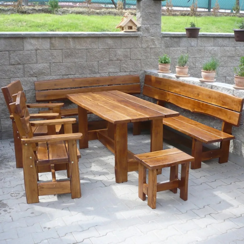 KULHÁNEK Zahradní dubová sestava - stůl, 2x křeslo, 1x stolička, 1x rohová lavice (rustikální provedení) Odstín nátěru: olej - teak