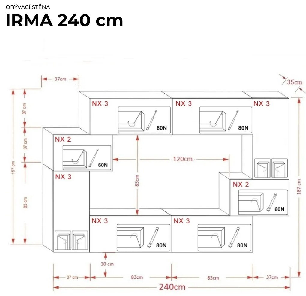 Ral Obývací stěna IRMA 1, 240 cm - Černo/bílý lesk
