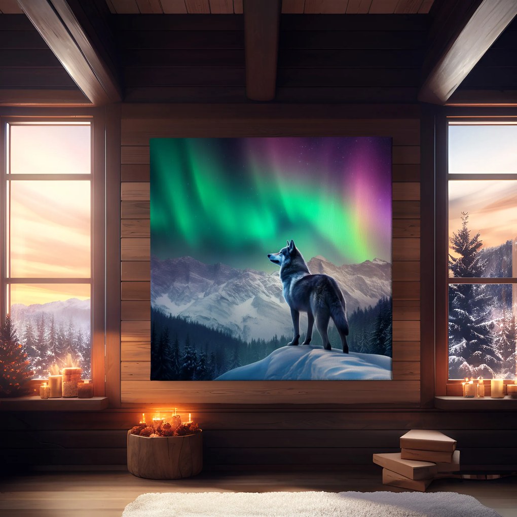 Obraz na plátně - Vlk pozoruje polární záři FeelHappy.cz Velikost obrazu: 80 x 80 cm