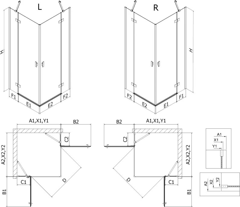 Mexen Mist-H Duo, 2-křídlý ​​výklopný sprchový kout 90 x 100 cm, čiré sklo, měděný matný profil, 8A5-090L-100P-65-00