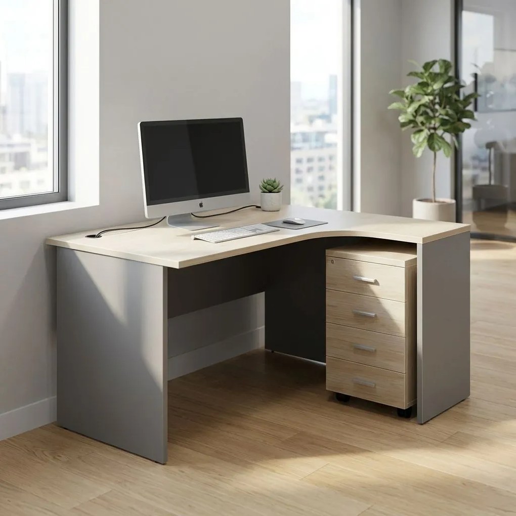 Sestava kancelářského nábytku SimpleOffice 2, 140 cm, pravá, dub světlý / šedá