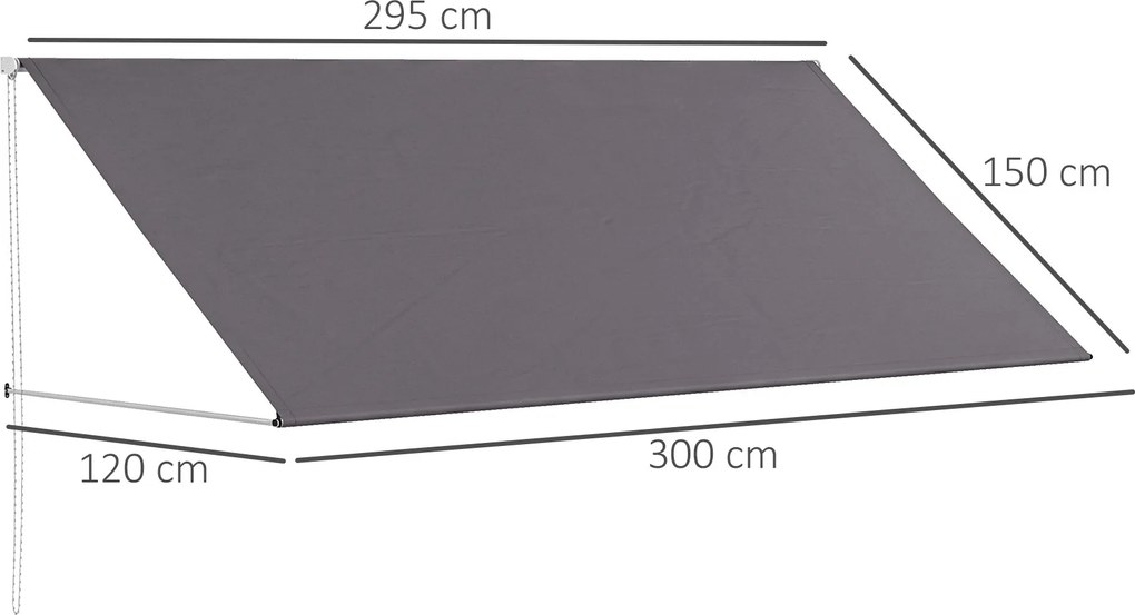 Manuální výsuvná markýza Outsunny s nastavitelným sklonem 300 x 120 cm, UV ochrana, hliník, polyester, tmavě šedá | Aosom