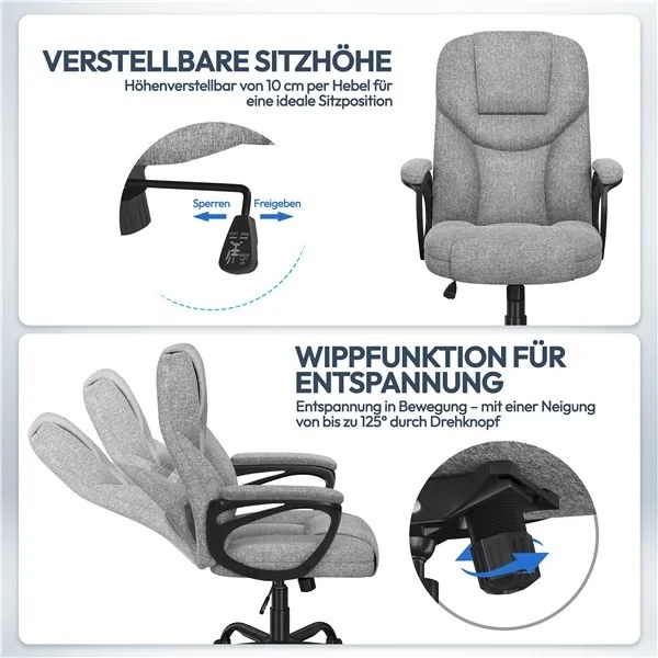 Kancelářská židle Yaheetech – šedá, 69 cm (šířka) × 71 cm (hloubka) × 110 cm – 119 cm (výška) (267499488554)