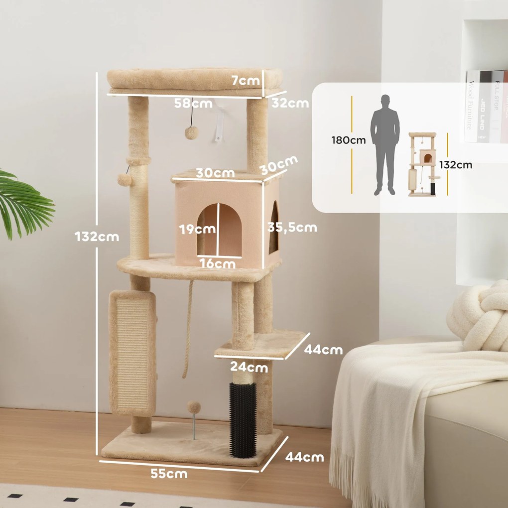 PawHut Kočičí škrabadlo výška 132 cm, kočičí věž s plošinami, sloupkem, kartáčem, závěsnými míčky a škrabacím polštářem béžová