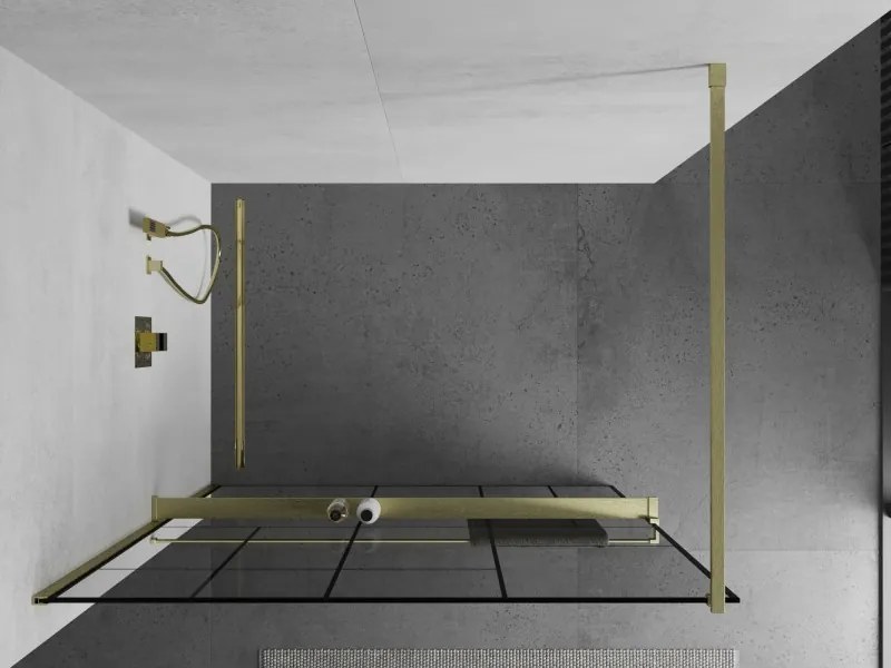 Mexen Kioto+, sprchová zástěna Walk-In s poličkou a věšákem 130 x 200 cm, 8mm čiré sklo černý vzor, zlatý matný profil, 800-130-121-55-78