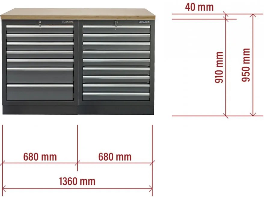 AKČNÍ SET Dílenská skříňka MB-TGC1307 a MB-TGC1309 s dřevěnou pracovní deskou MB-TGW53