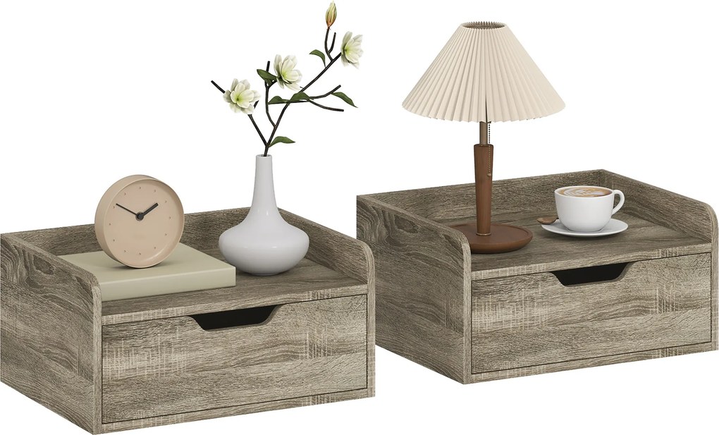 HOMCOM 2dílný set nástěnných nočních stolků, noční stolky se zásuvkou a poličkou s vyšším okrajem, 40x30x19,5 cm, šedá
