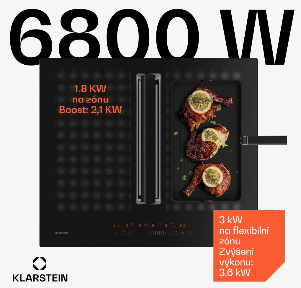 Klarstein Chef-Fusion Down Air System, indukční sporák + DownAir digestoř, 60 cm, 600 m³/h EEC A
