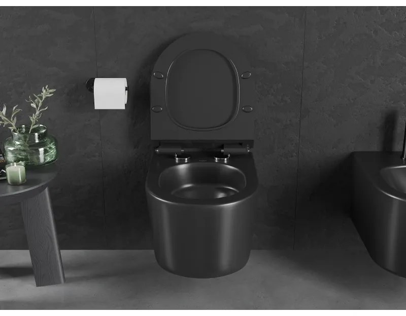 Mexen Sofia, závěsná WC mísa 490x360x355 mm, Rimless Tornádo + WC sedátko z duroplastu, černá matná, 30540185T
