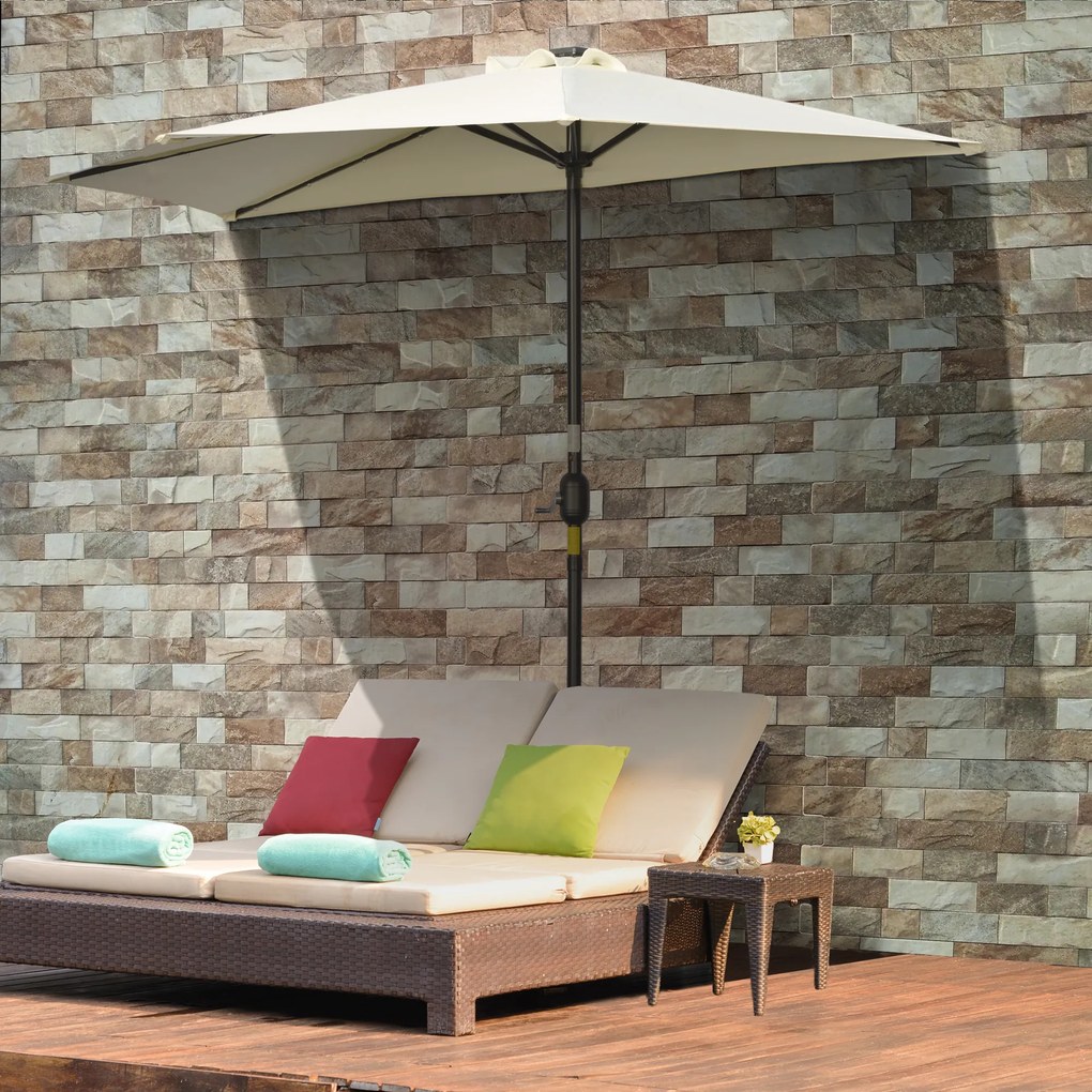 Slunečník Outsunny 265x240 cm, půlkruhový slunečník s LED diodami, půlkruhový slunečník na terasu s ruční klikou a solárním panelem, kov, béžová | Ao…