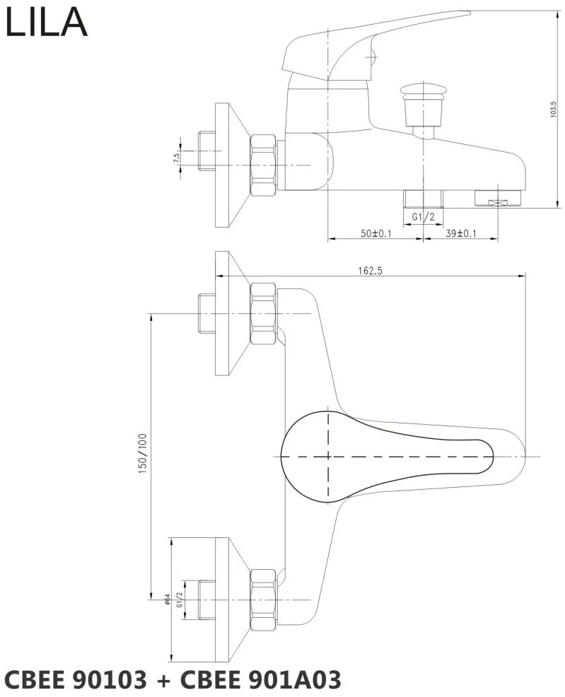 Mereo Lila vanová nástěnná baterie 100 mm bez příslušenství mosaz chrom CBEE901A03