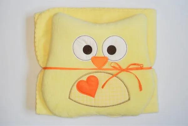 Dětská deka + polštářek Coral sova 80x90 cm žlutá