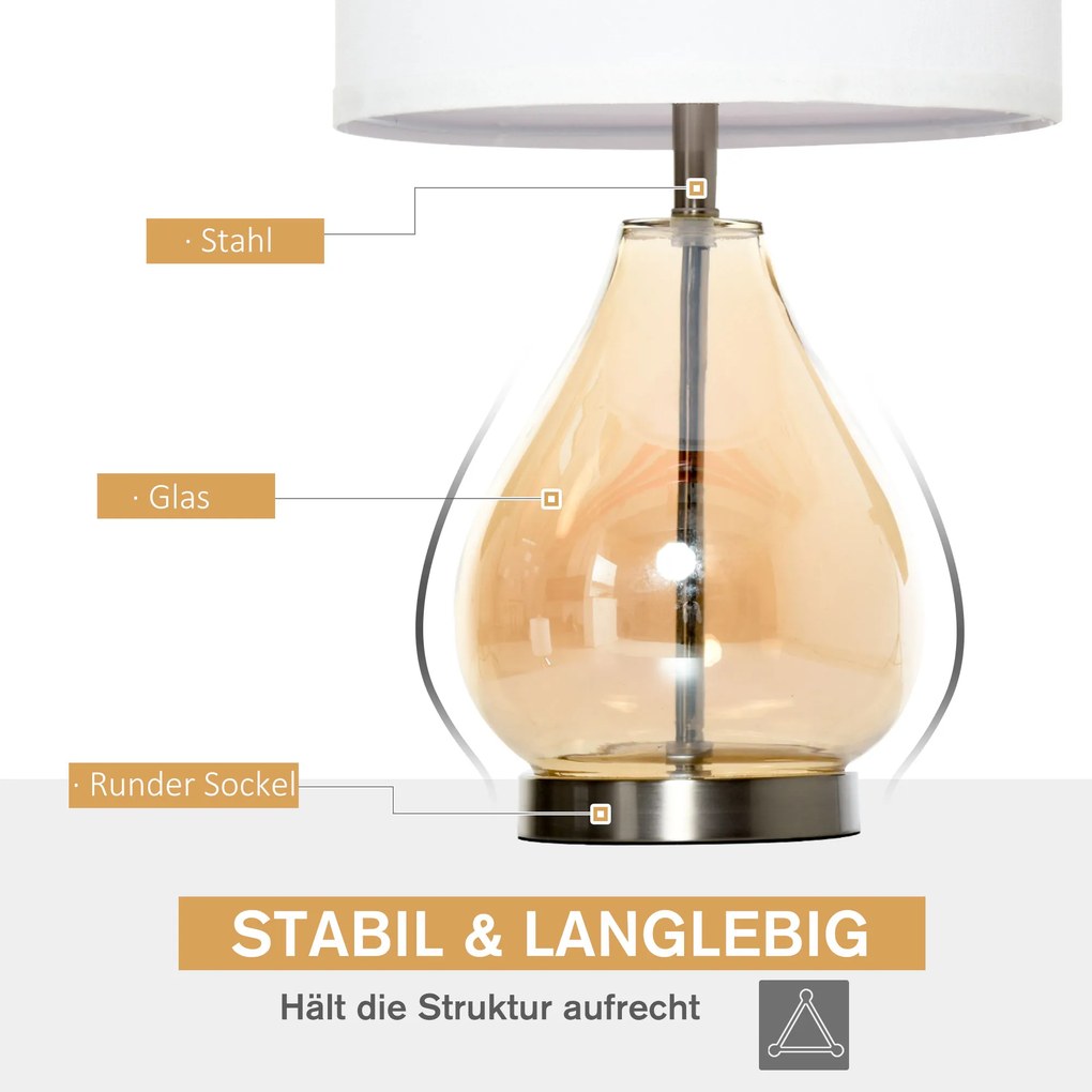 HOMCOM Sada 2 nočních lampiček s paticí E27, 40W, sklo, len, ocel, jantarová barva, Ø30 x 56H cm