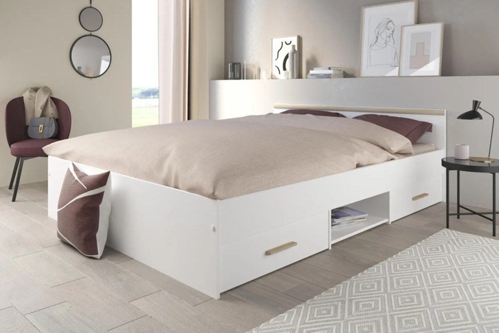 Bílá postel se dvěma šuplíky Earth 140x190 cm