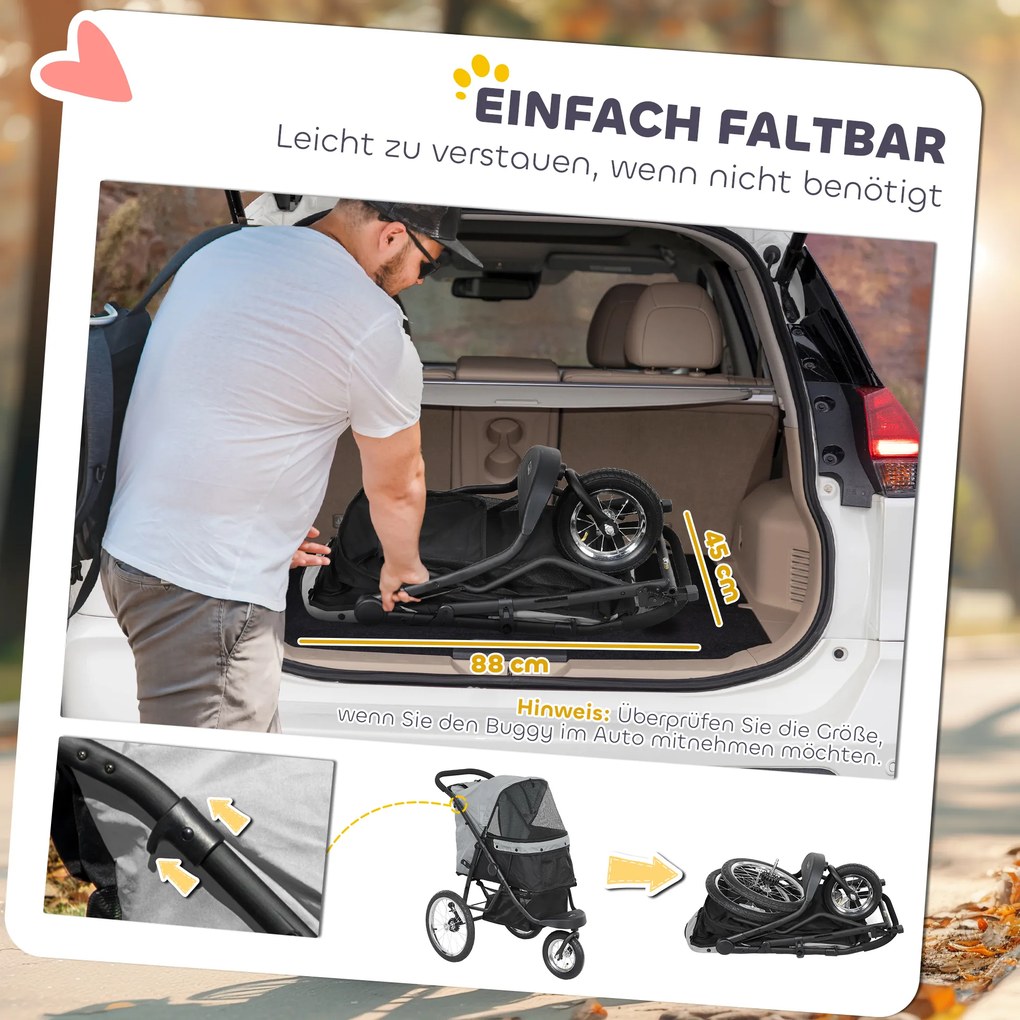PawHut kočárek pro psy a jogger pro malé psy a kočky do 10 kg se 3 velkými gumovými koly, síťovanými okny a bezpečnostními pásy, Šedá