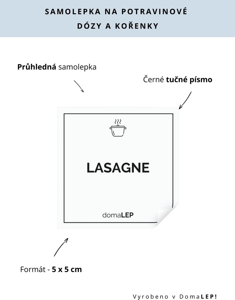 LASAGNE  – průhledná samolepka na dózu, tučné písmo, 5 x 5 cm | DomaLEP