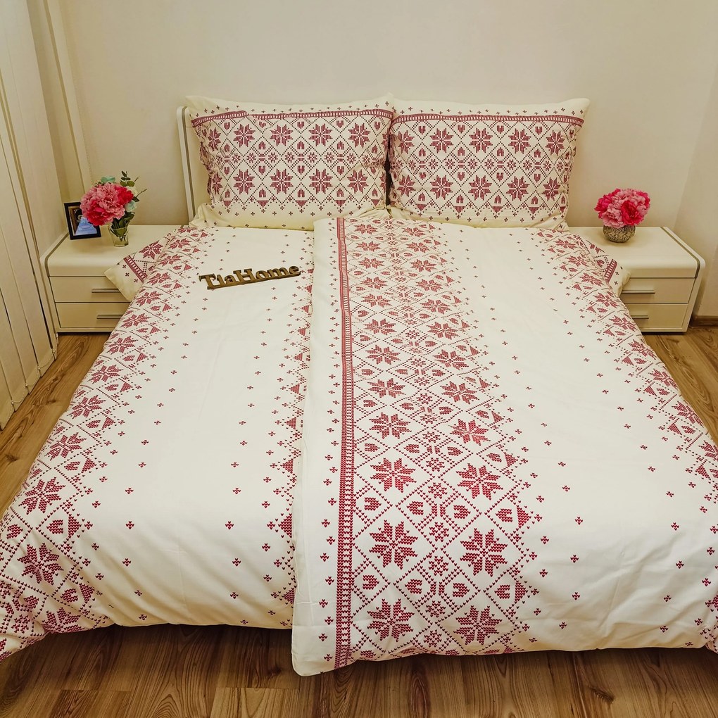 Povlečení bavlněné Etnico vínové TiaHome - 1x Polštář 90x70cm, 1x Přikrývka 140x200cm