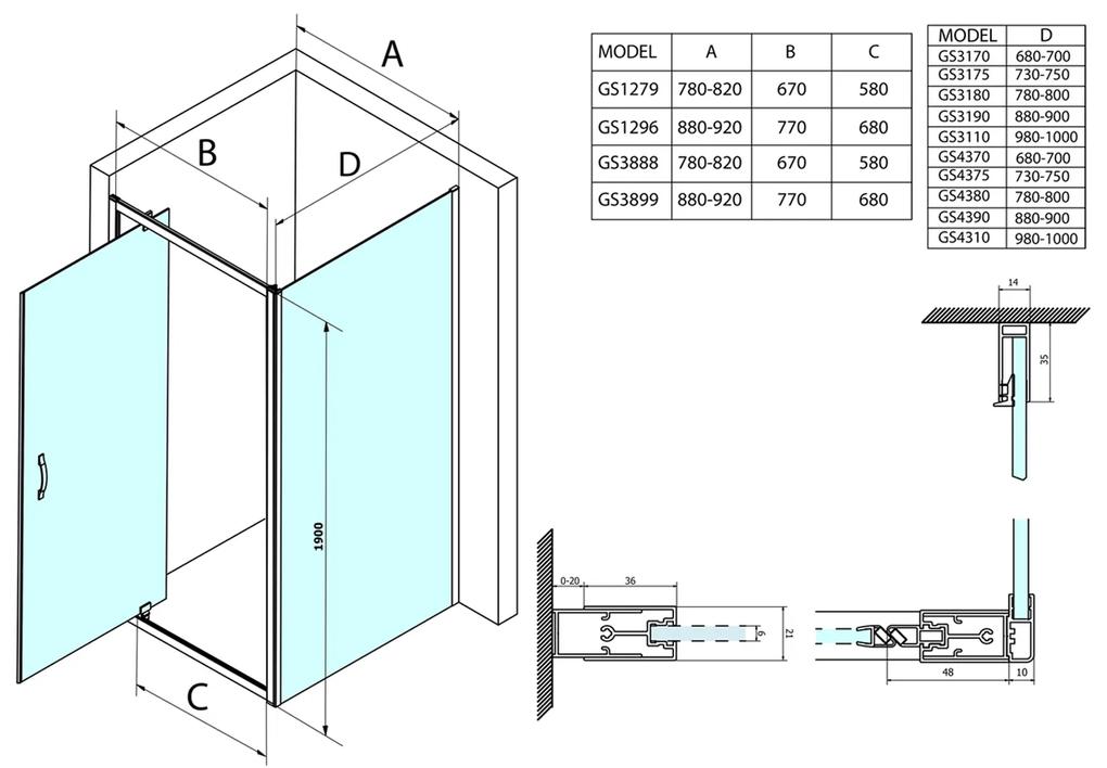 Gelco, SIGMA SIMPLY obdélníková sprchová zástěna pivot dveře 800x700mm L/P varianta, čiré sklo, GS1279GS3170