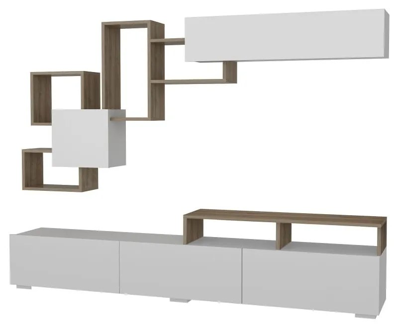 Set bílé TV komody v dekoru ořechového dřeva a nástěnné police Elit