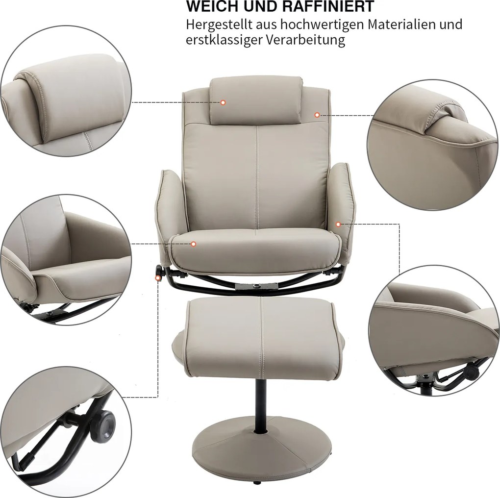 HOMCOM polohovací křeslo TV křeslo otočné o 360° s podnožkou v šedé barvě, D78 × Š71 × V101 cm, pohodlné křeslo do obývacího pokoje | Aosom.de