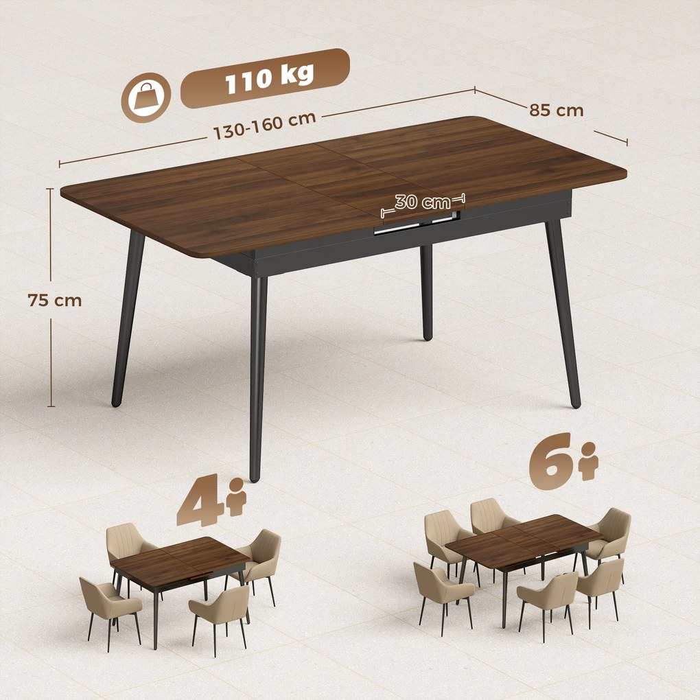 HOMCOM Rozkládací jídelní stůl 130-160 cm, kuchyňský stůl s zaoblenými rohy, světlý ořech