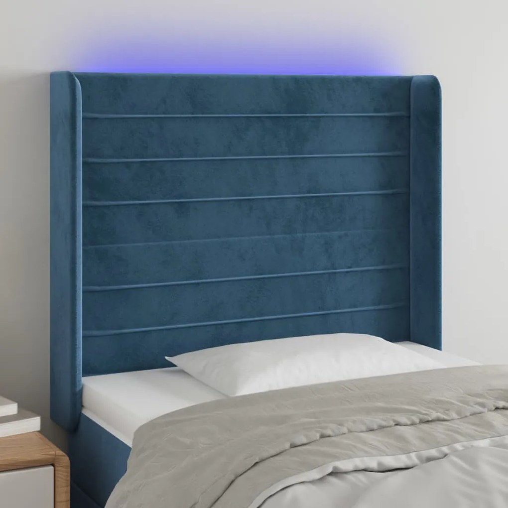 Čelo postele s LED tmavě modré 93 x 16 x 118/128 cm samet 3124228