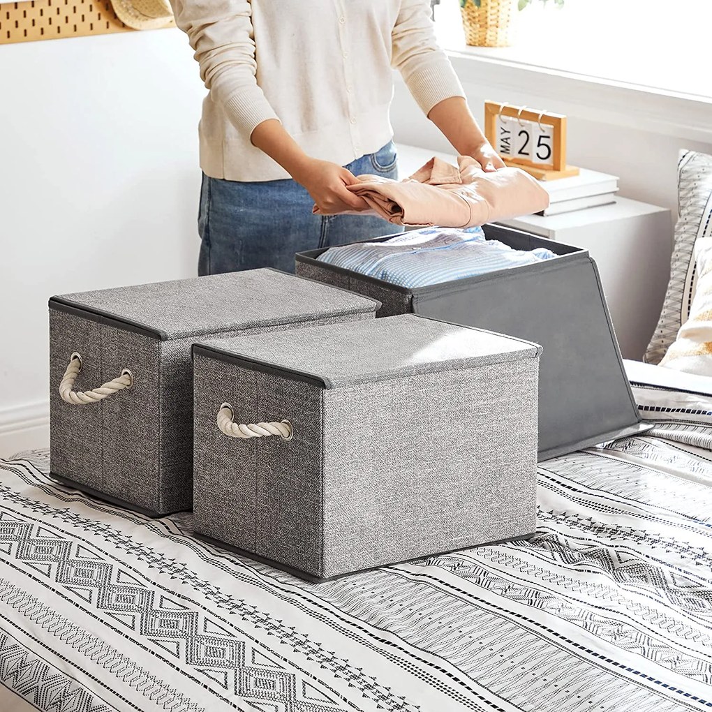 Úložné boxy s víkem, sada 3 kusů, 38 x 25 x 25 cm, šedé