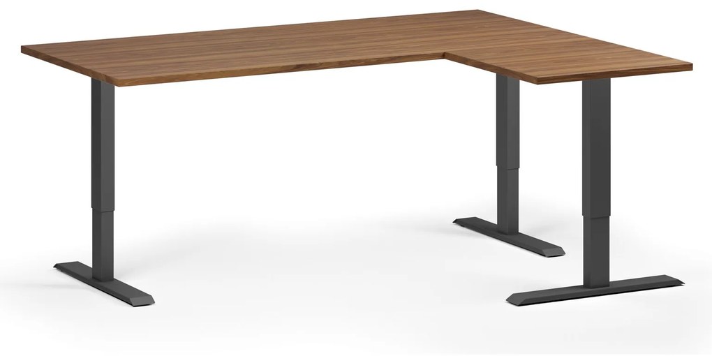Rohový výškově nastavitelný stůl, 180x140 cm, 3 motory, L/P, černá podnož, ořech
