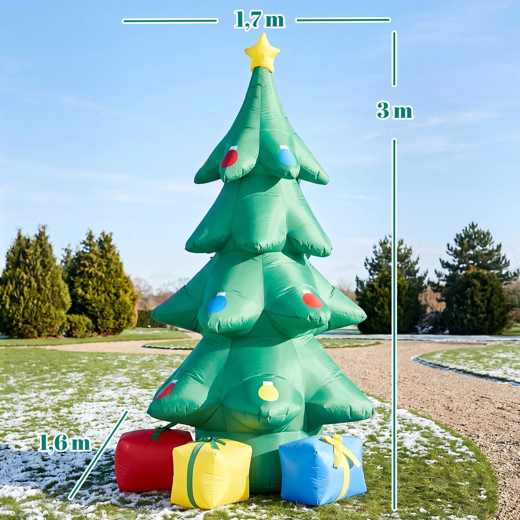 Outsunny Nafukovací vánoční strom 300 cm s LED světlem RGB hvězda, dárkové krabice, XXL IP44 voděodolný pro vánoční oslavy